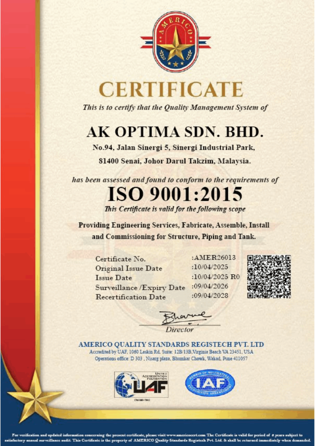 AK Optima' Certification Recognition ISO 9001:2015 Quality Management ...